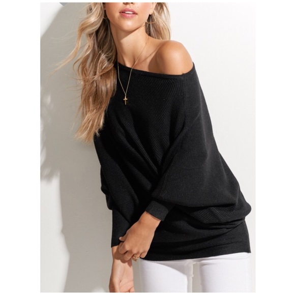 Sweaters | Black Knit Off The Shoulder Slouchy Oversized Top | Poshmark
